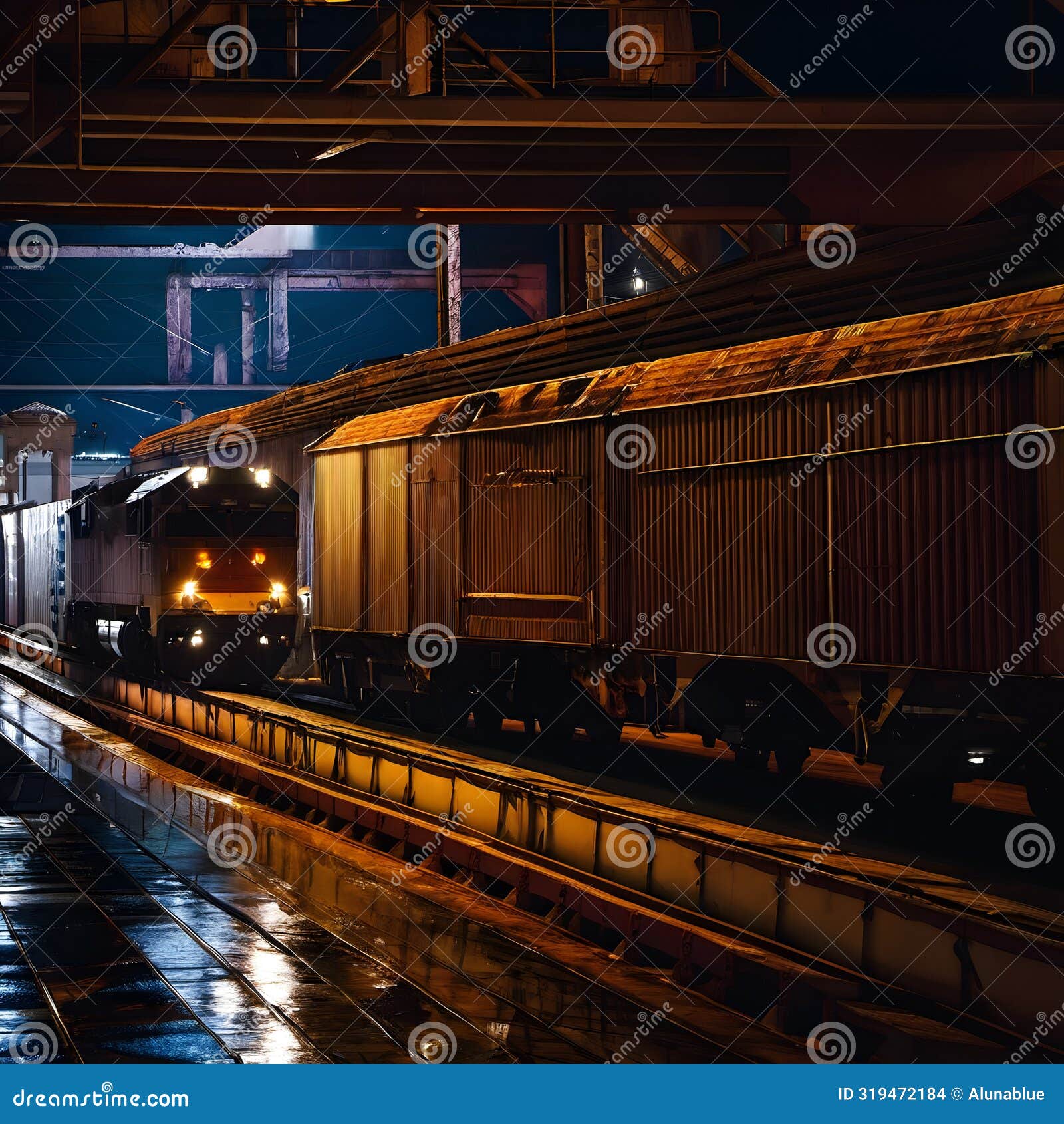 Nighttime Industrial Train Yard with Freight Train Stock Photo - Image ...