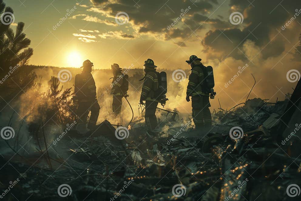 Brave Firefighters at Sunset Battling a Fierce Forest Fire Stock Image ...