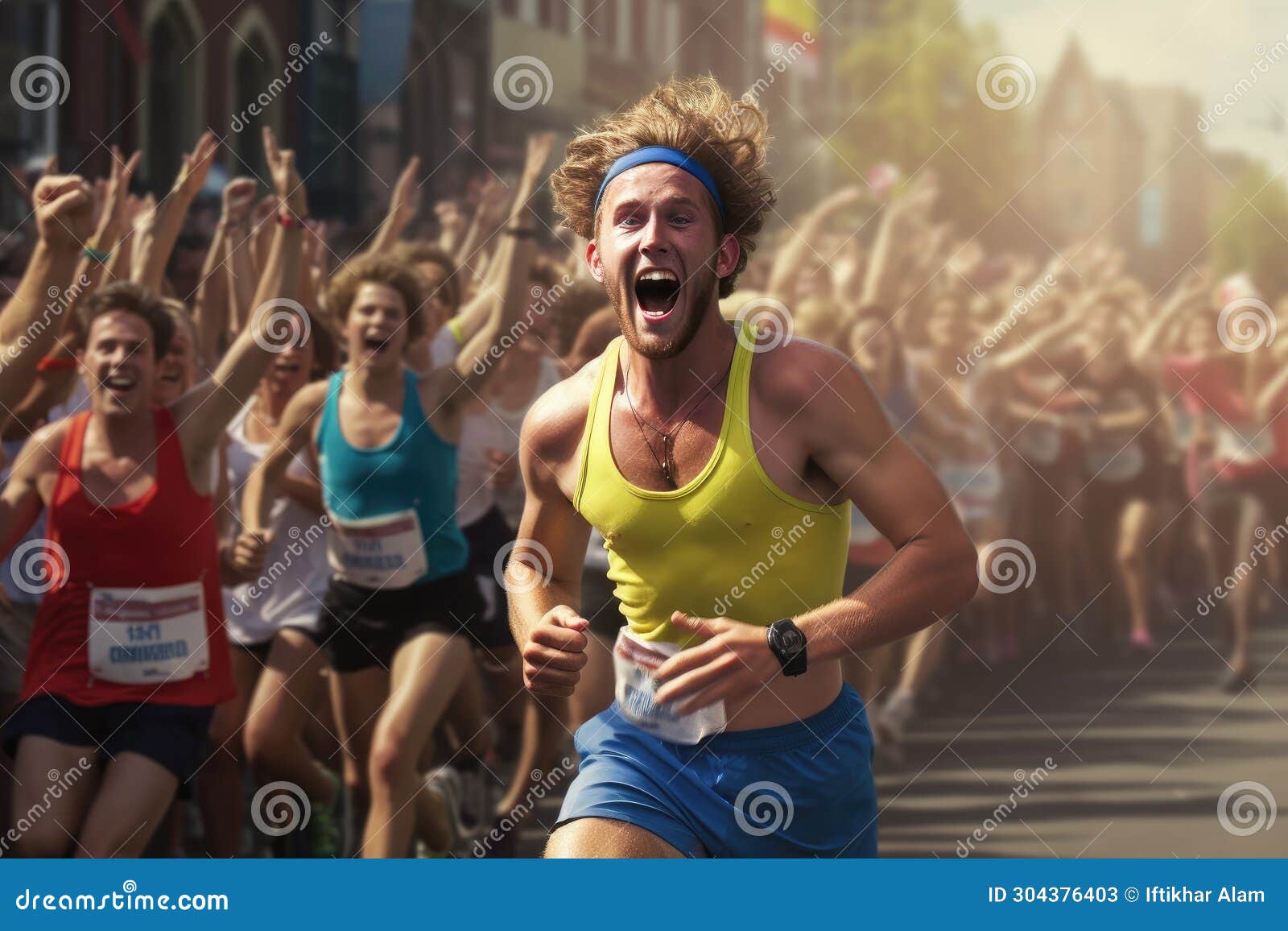 The Image Captures a Group of People Actively Running in a Marathon ...
