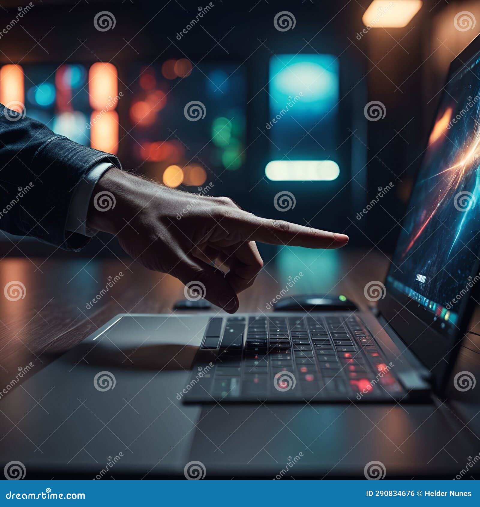 Hand Pointing To Computer and Blurred Background Stock Illustration ...