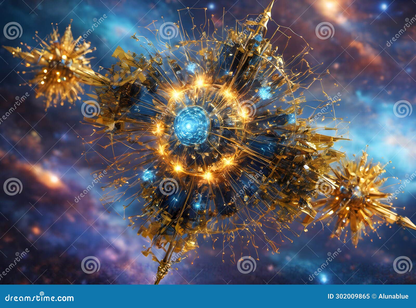 A Blue and Gold Object with Lights in Space. Stock Illustration ...