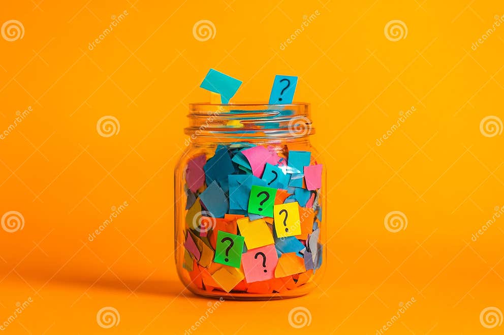 Colorful Jar Filled with Question Mark Notes on an Orange Background. a ...