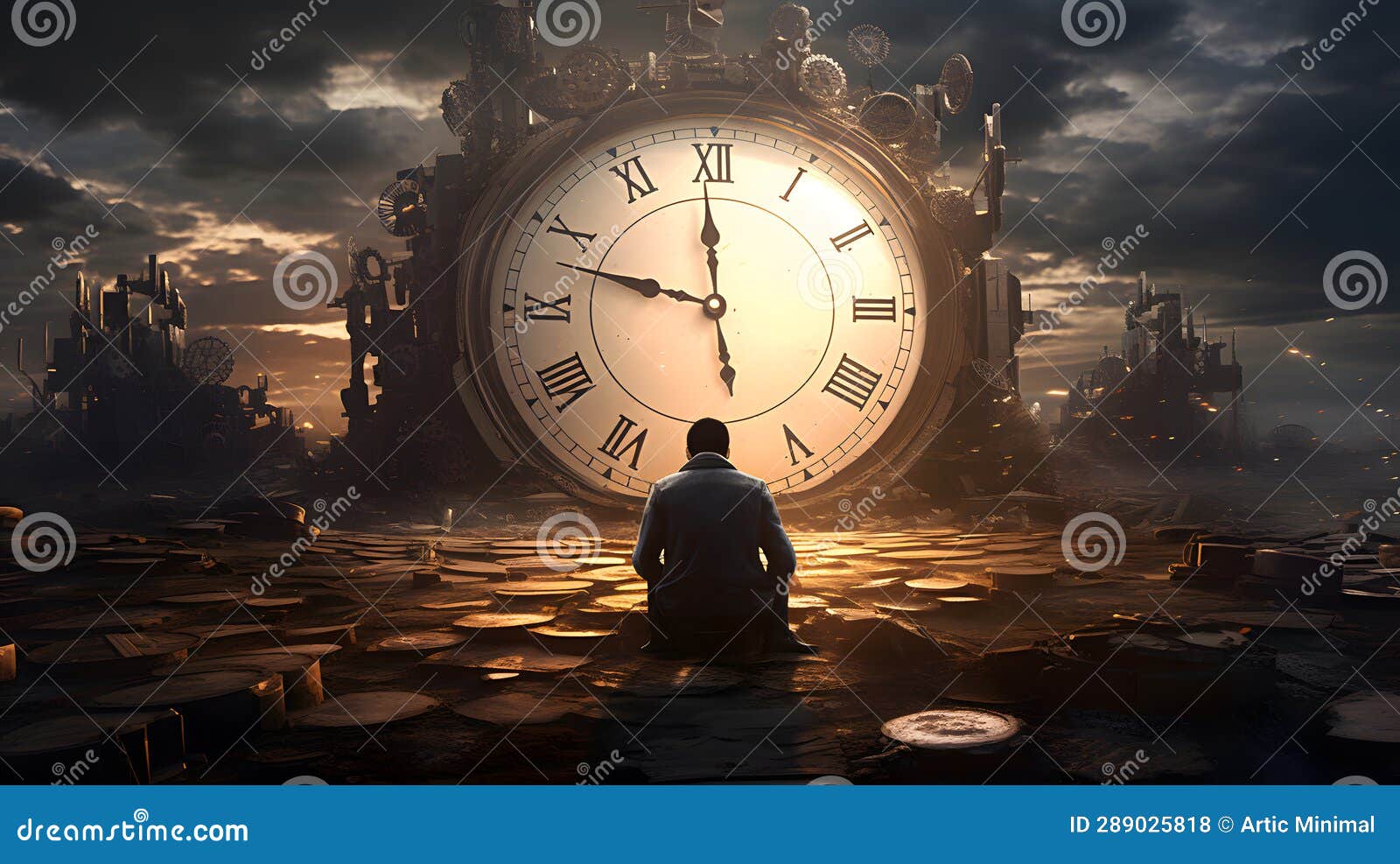 Illustration of a Man Sitting in Hard Times before a Huge Clock Stock ...