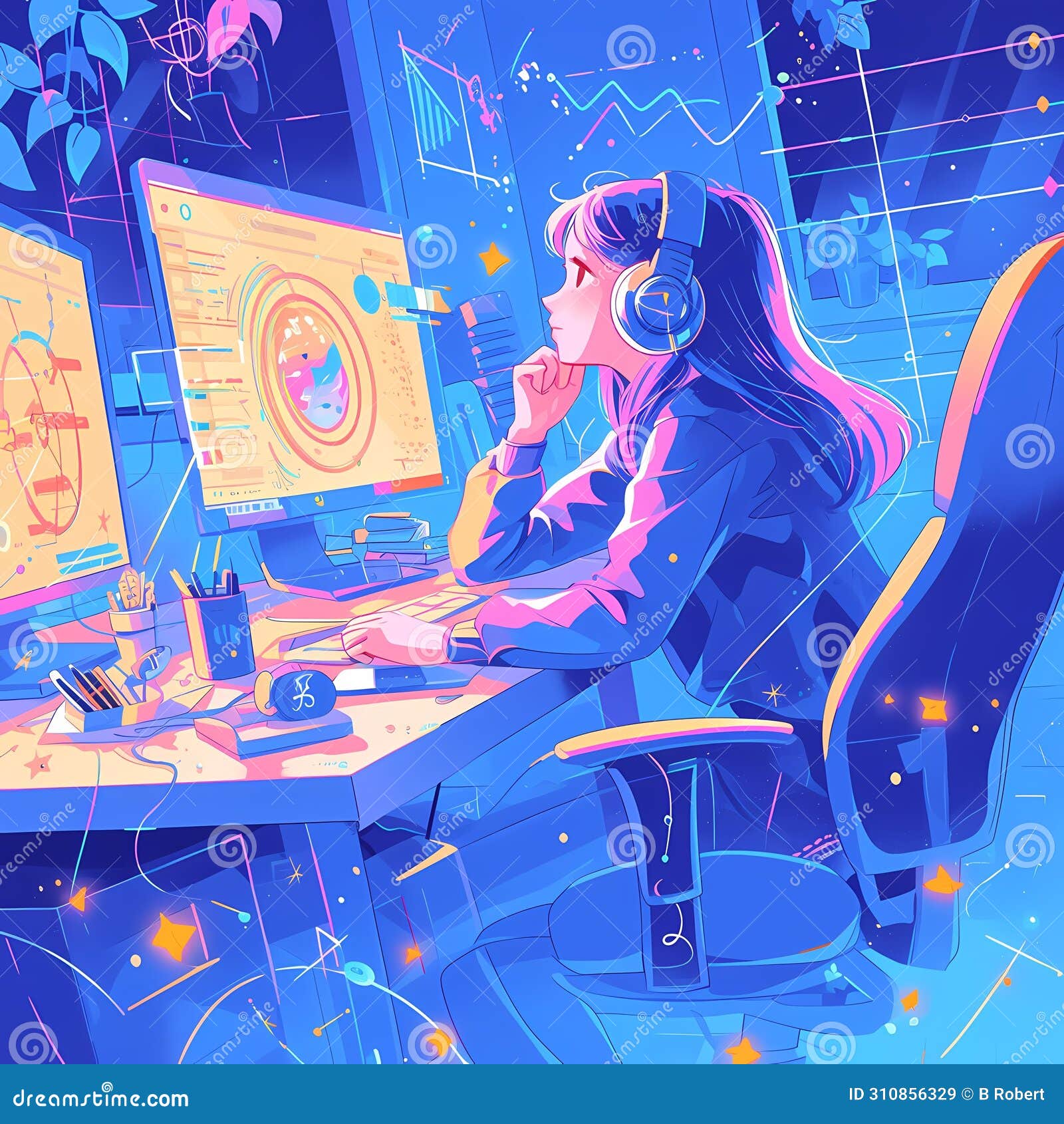 Dynamic Young Woman Engrossed in Tech at Night Stock Illustration ...