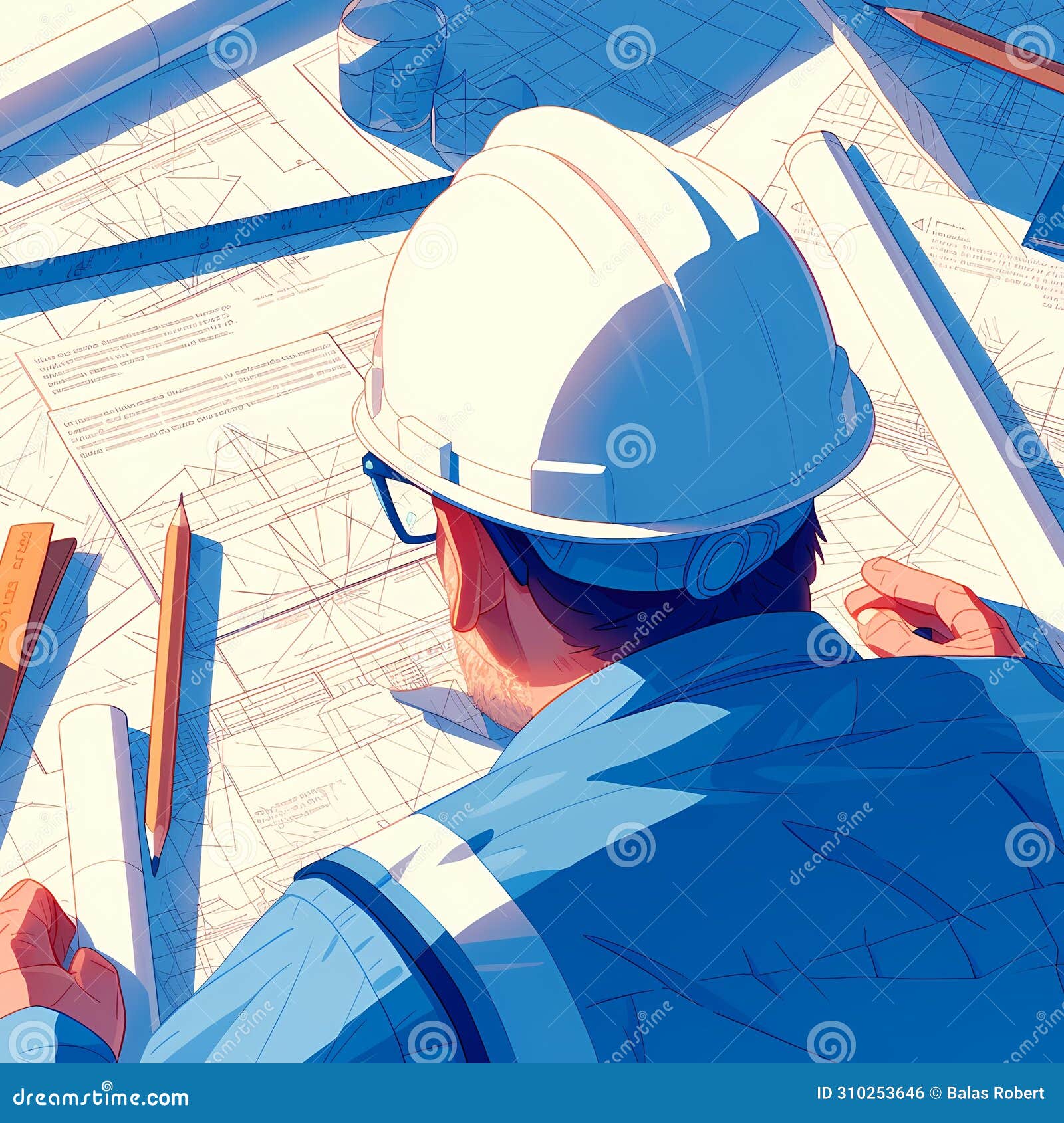 Determined Worker Studying Blueprints Stock Illustration - Illustration ...