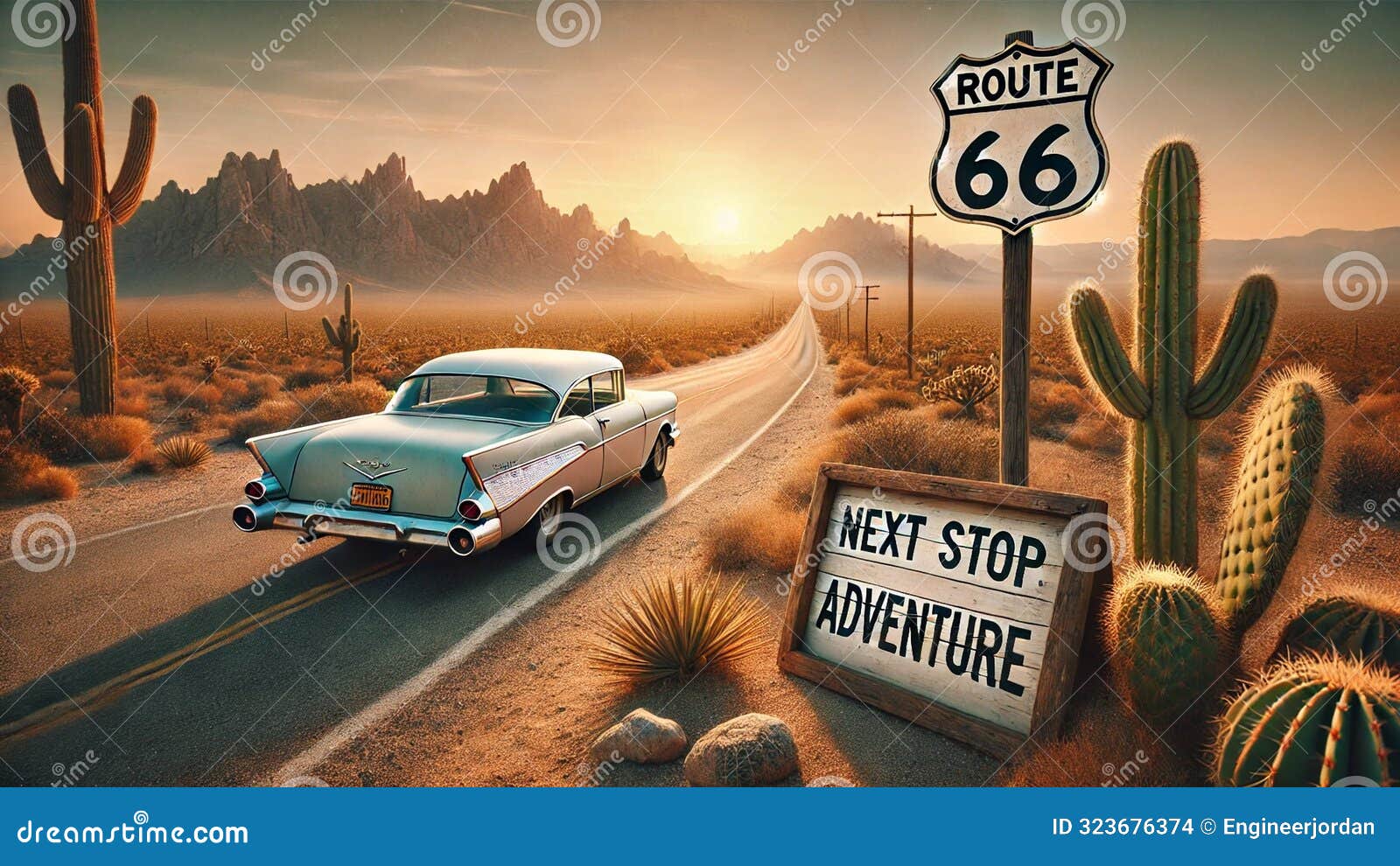 Nostalgic Desert Road with Classic Car and Vintage Route 66 Sign at ...