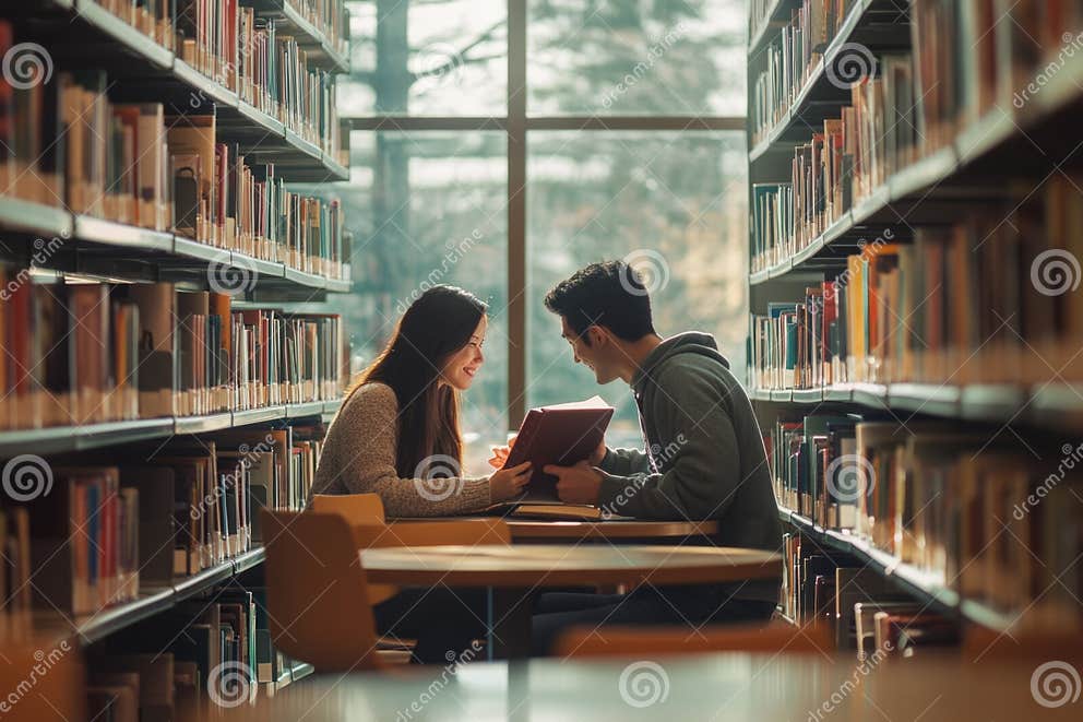 Two Students Sit Together in a Library. they Engage in Learning and ...