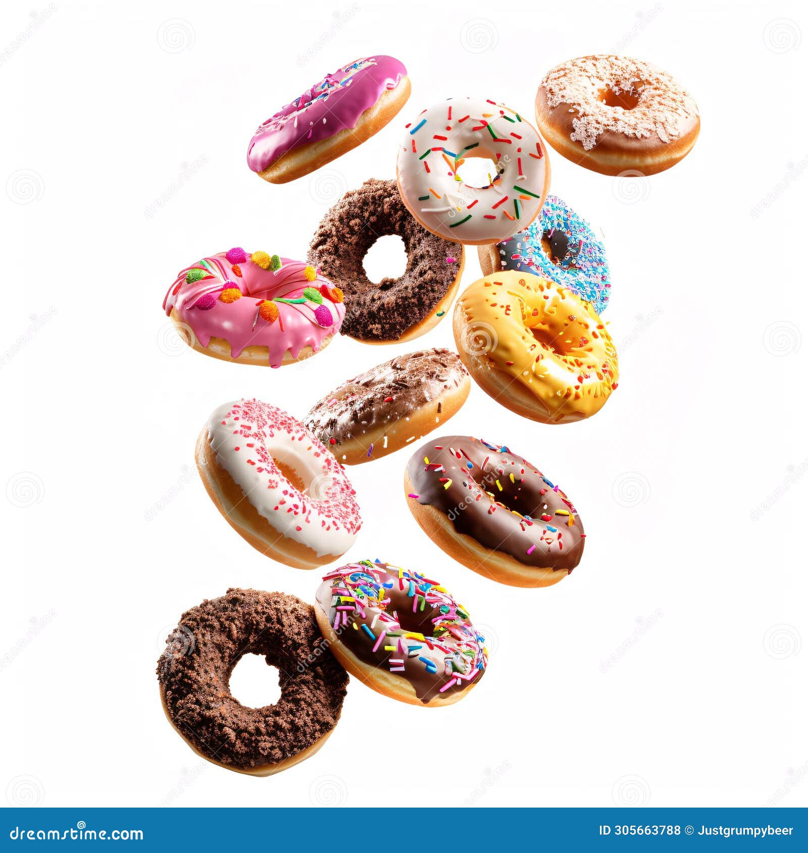 A Whimsical Assortment of Frosted Donuts Floating in Mid-Air, Isolated ...
