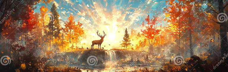 Tranquil Forest Glade with Babbling Brook, Waterfall, Rabbits, and Stag ...