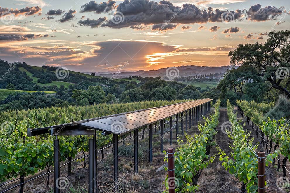 Vineyard Sunset with Solar Panels: Green Rows & Sky Hues, Generative Ai ...