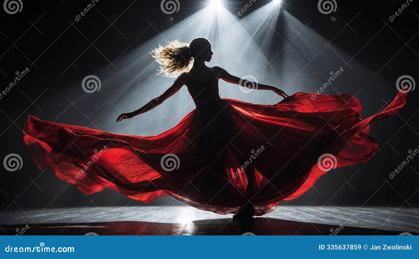 Silhouette of a Dancer in a Flowing Red Dress Under Dramatic Stage ...