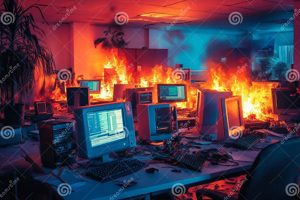 A Chaotic Office Scene Filled with Burning Computers and Swirling ...