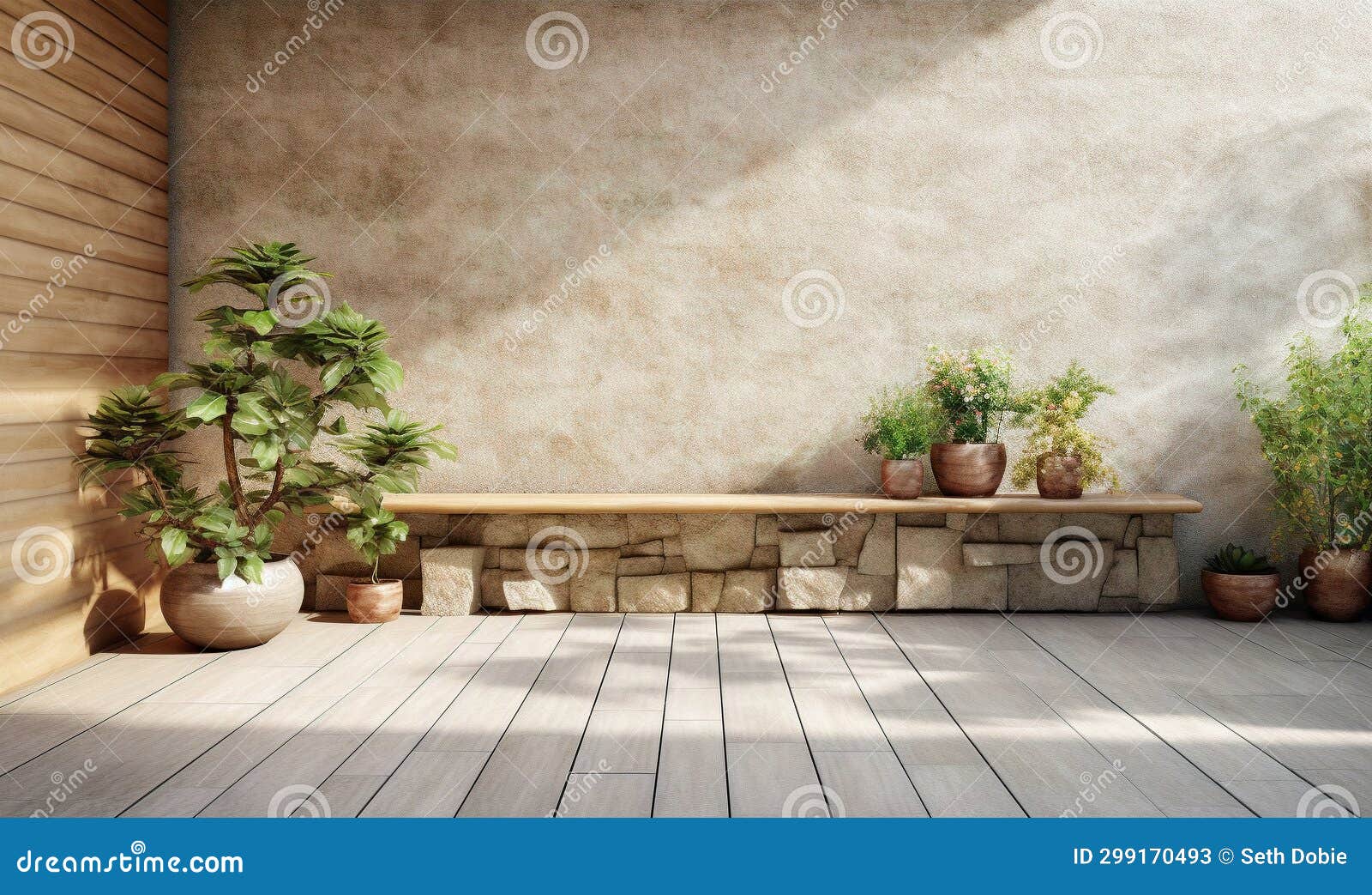 Sunlit Zen Corner with Earthy Tones Stock Illustration - Illustration ...