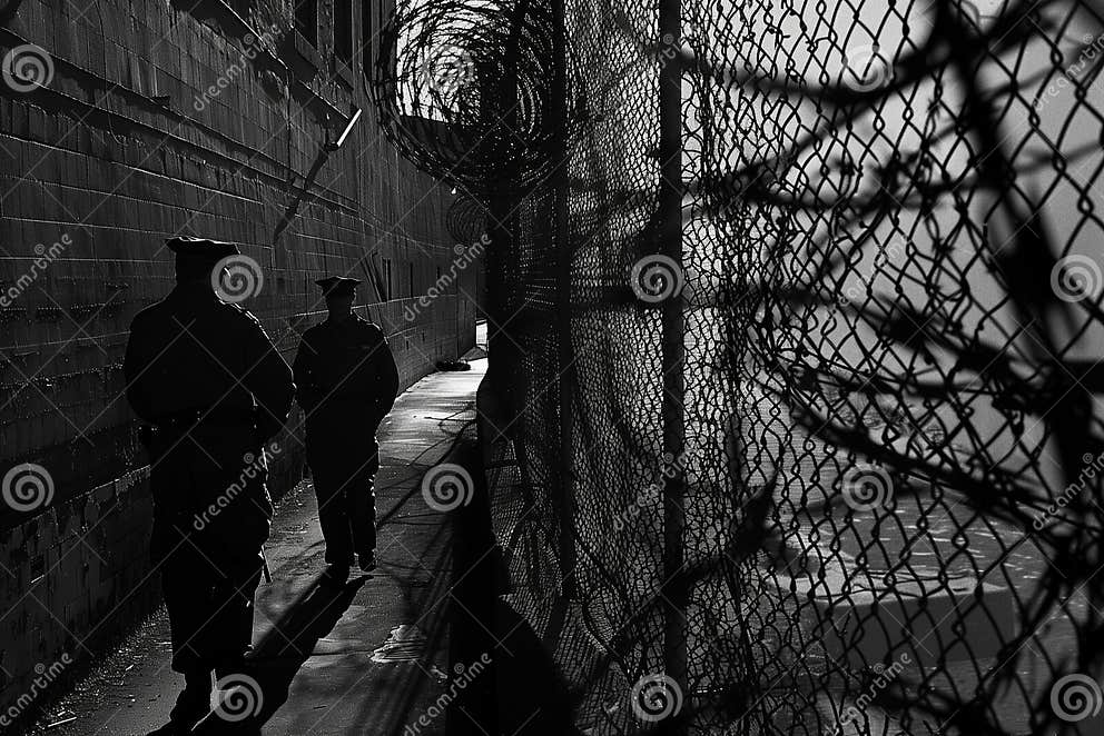Prison Yard Security: Two Guards Patrolling Inside Razor Wire-enclosed ...
