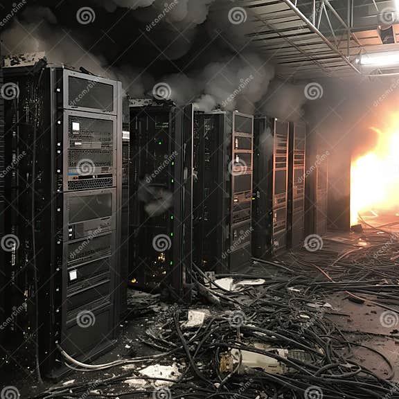 Flames and Smoke Billowing from Burning Server Racks Stock Photo ...