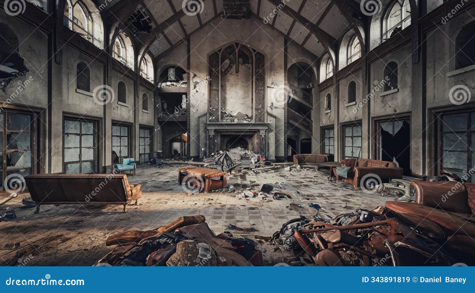 A Vast, Crumbling Room in a Post-apocalyptic Abandoned Building, with ...