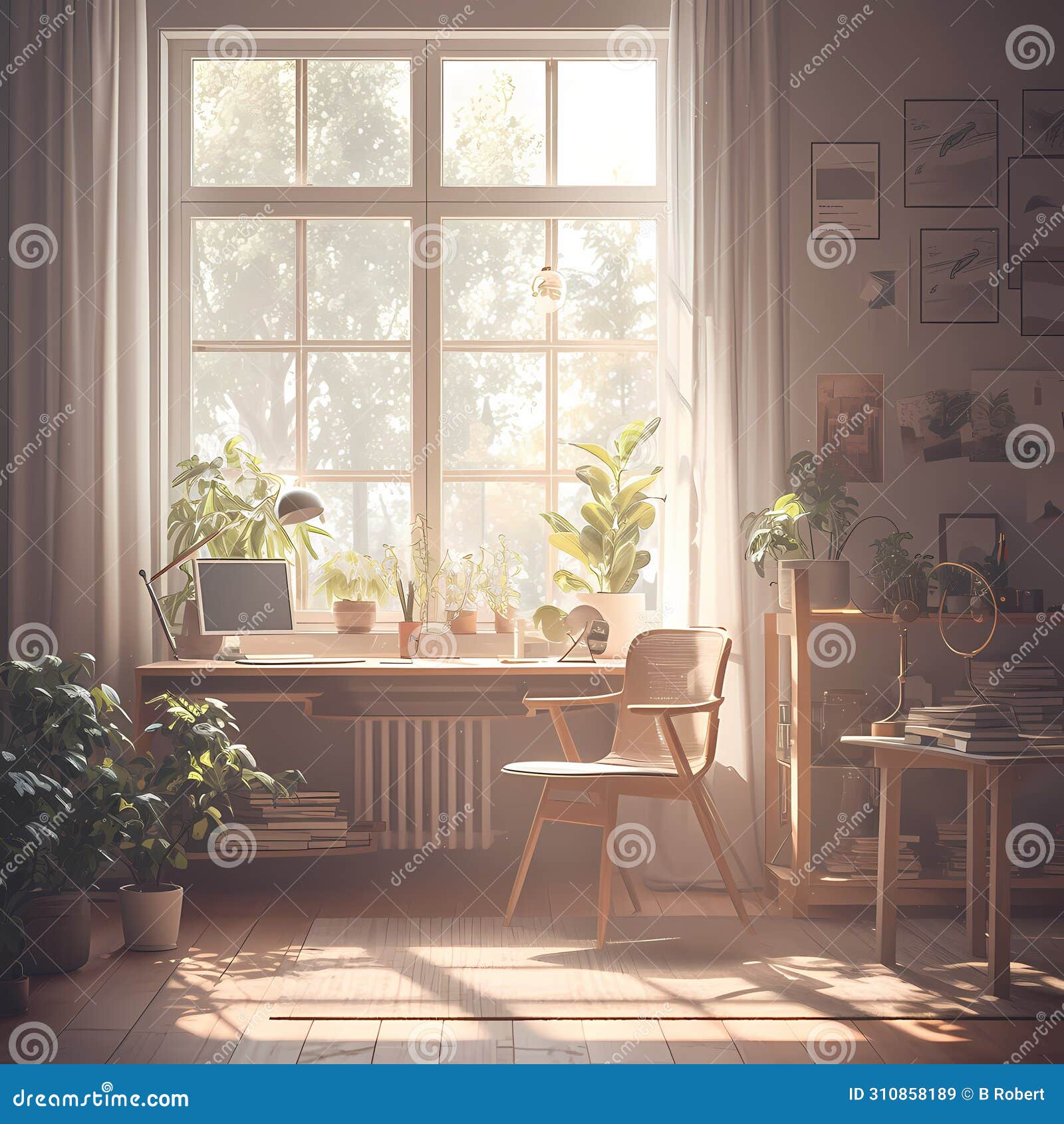 Cozy Home Office, Natural Light, Desk and Plants Stock Illustration ...