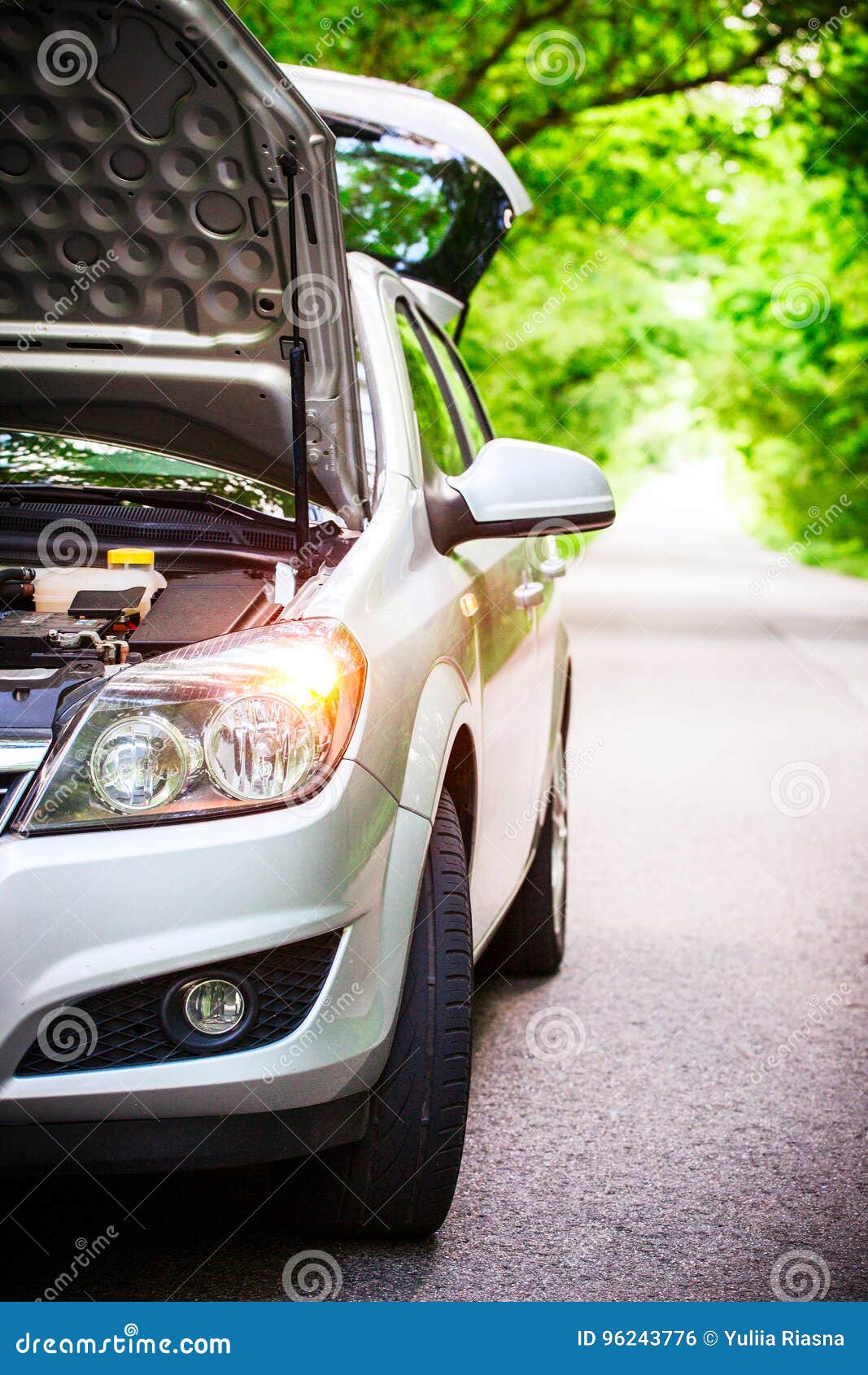 An Image of a Car Trunk Open Waiting for Help.a Silver Car Stands on ...
