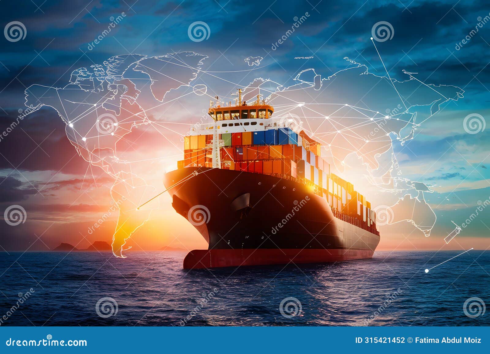 Image Cargo Ship with Global Network Connection, Modern Transportation ...