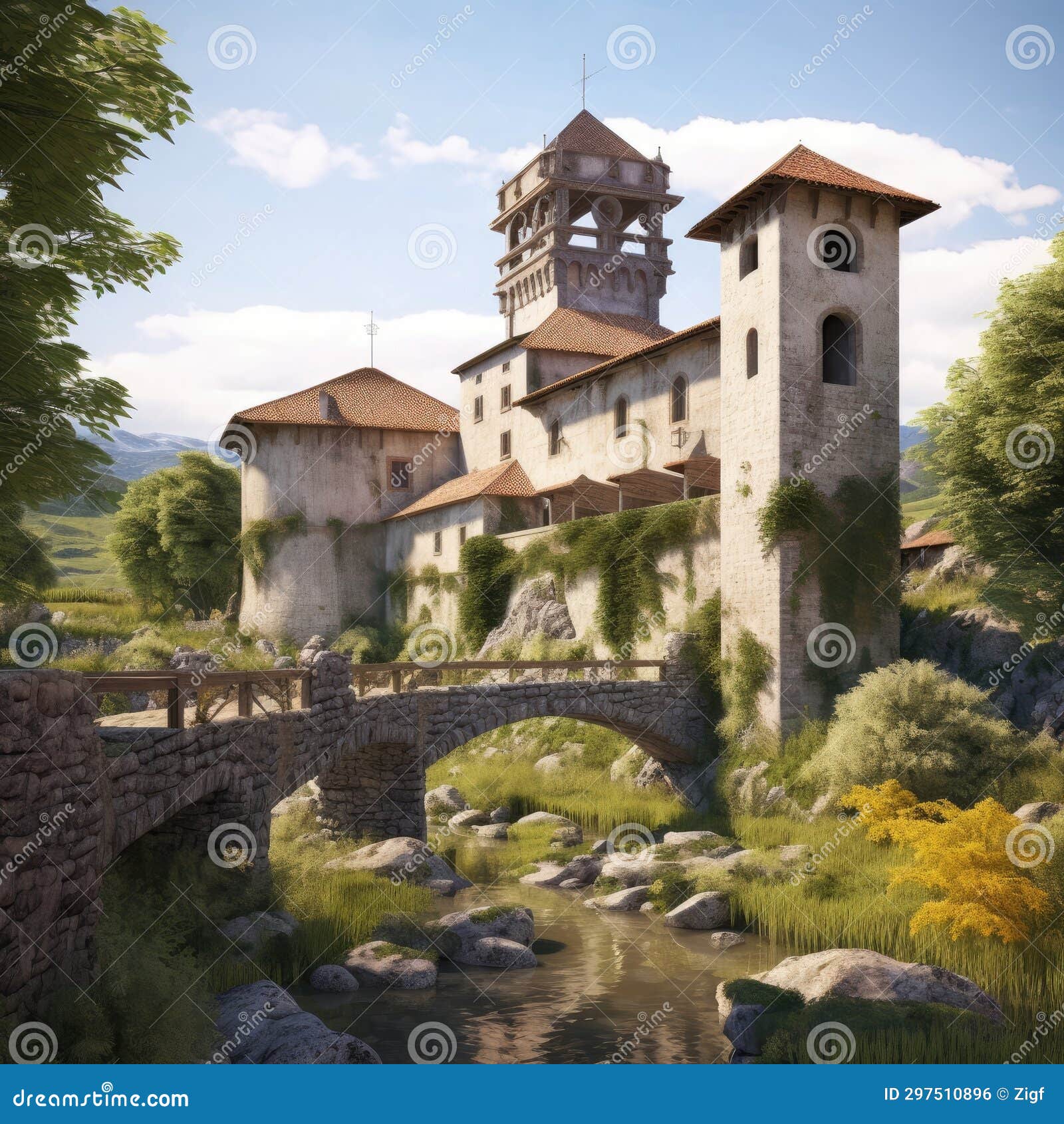 Image of Castle with Bridge Over River Stock Illustration ...