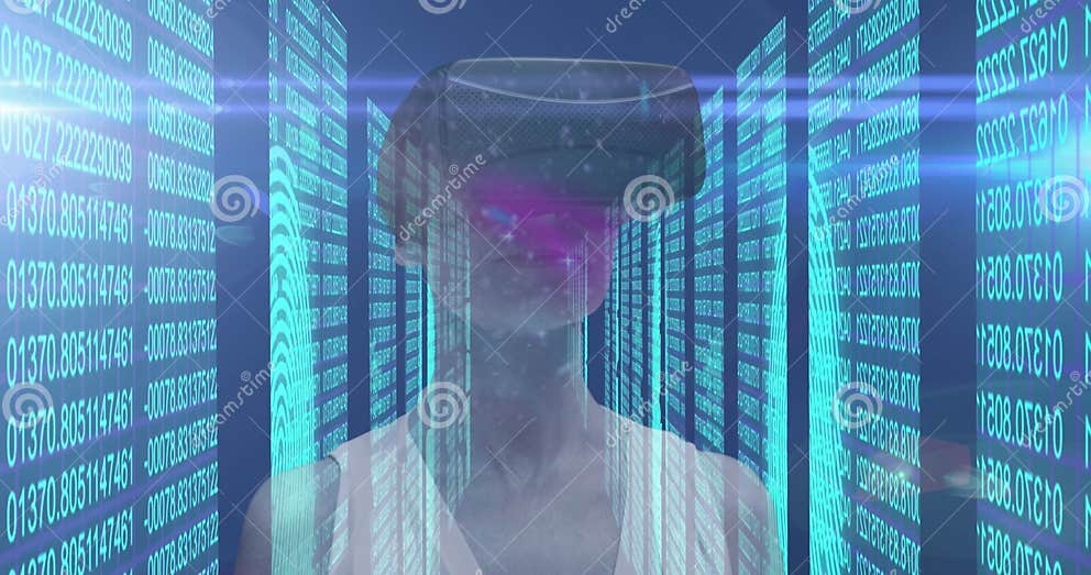 Image of Caucasian Woman with Vr Headset Over Binary Coding Stock ...