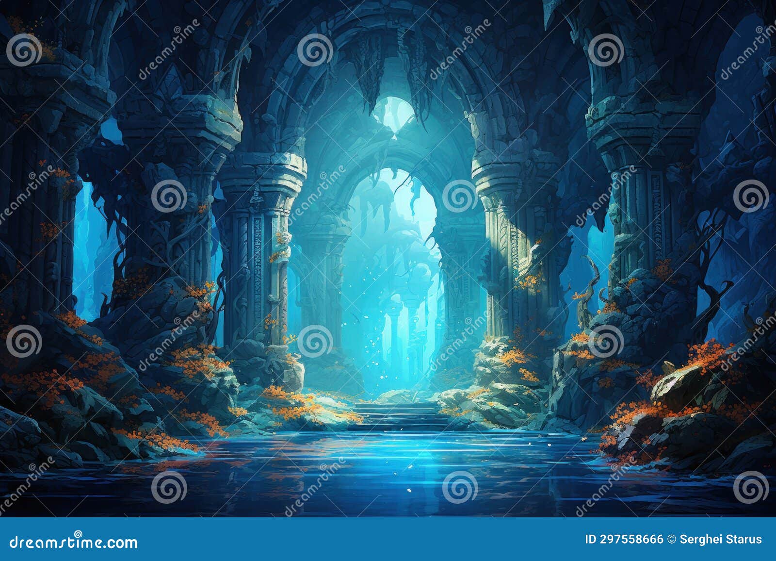 An Image of a Cave with Water and Pillars, AI Stock Photo - Image of ...