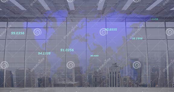 Image of Chart Over Map of World and Cityscape Stock Image - Image of ...