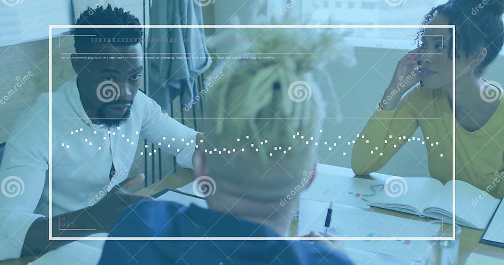 Image of Chart Processing Data Over Happy Diverse Colleagues Talking at ...