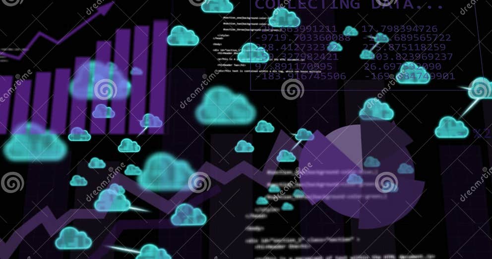 Image of Charts and Processing Data with Network of Blue Cloud Icons on Black Background Stock ...