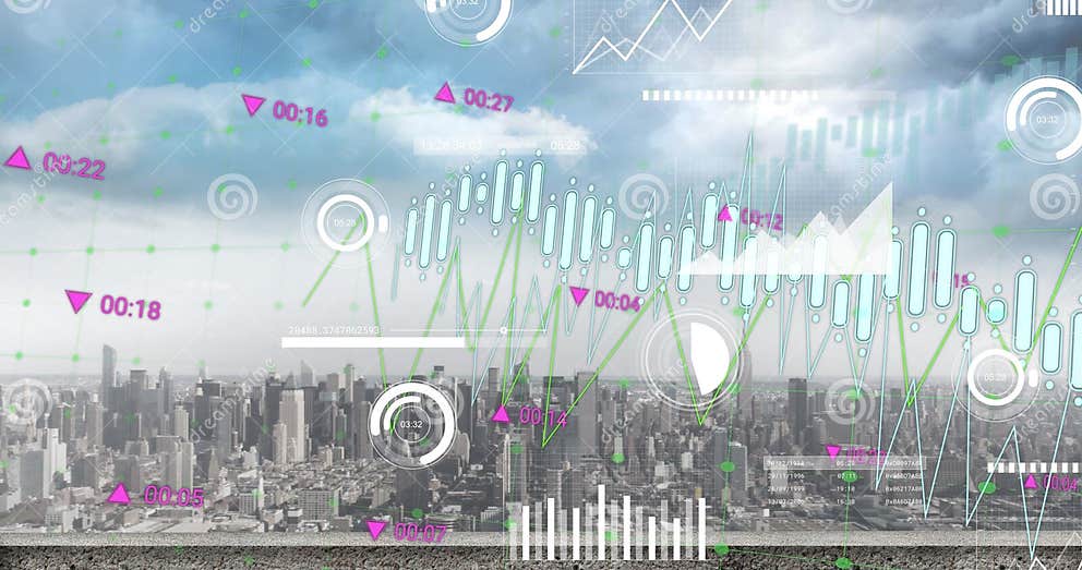 Image of Charts and Processing Data Over Cloudy Cityscape Stock Illustration - Illustration of ...