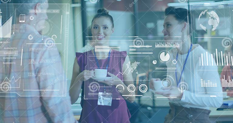 Image of Charts Processing Data Over Happy Caucasian Colleagues Talking ...