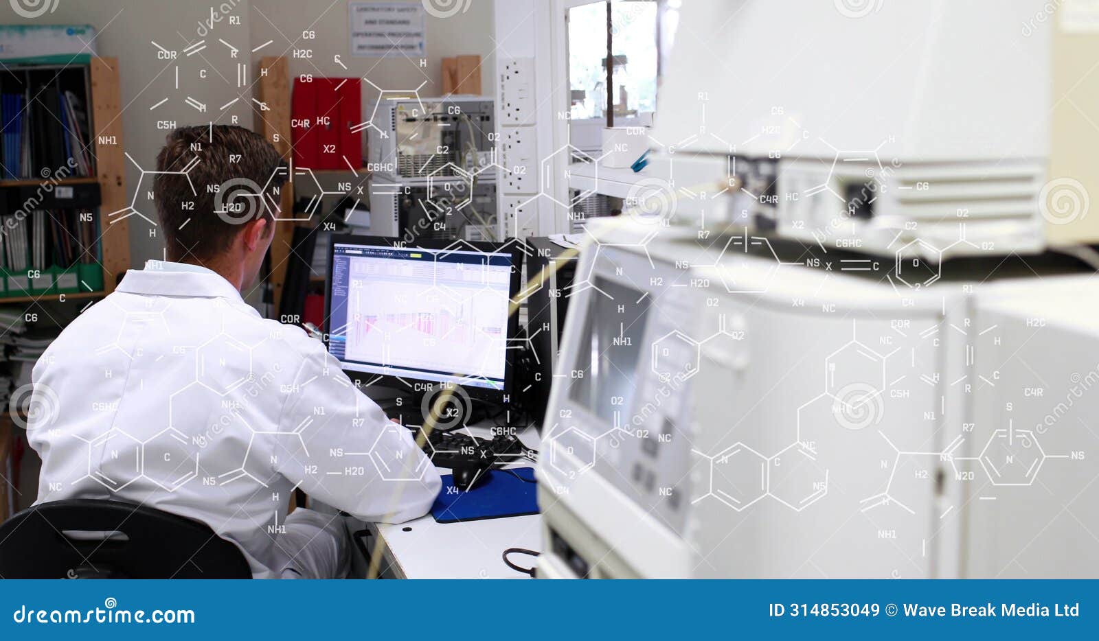 Image of Chemical Formulas Over Back View of Caucasian Male Lab Worker ...