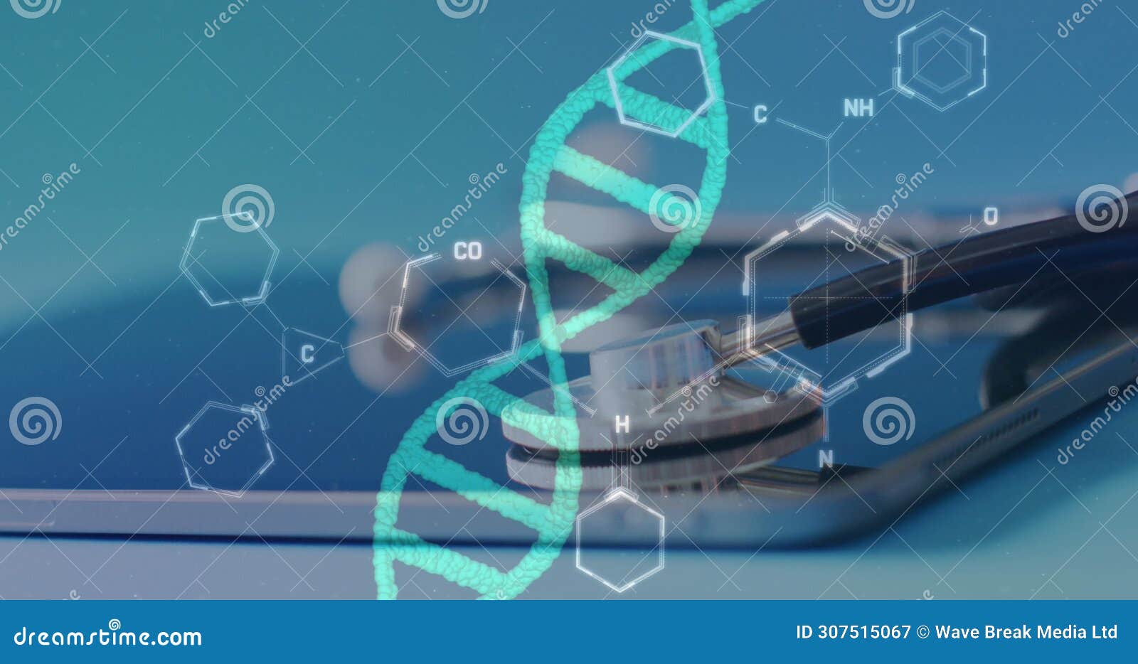 Image of Chemical Structures and Dna Strand Over Stethoscope and Tablet ...