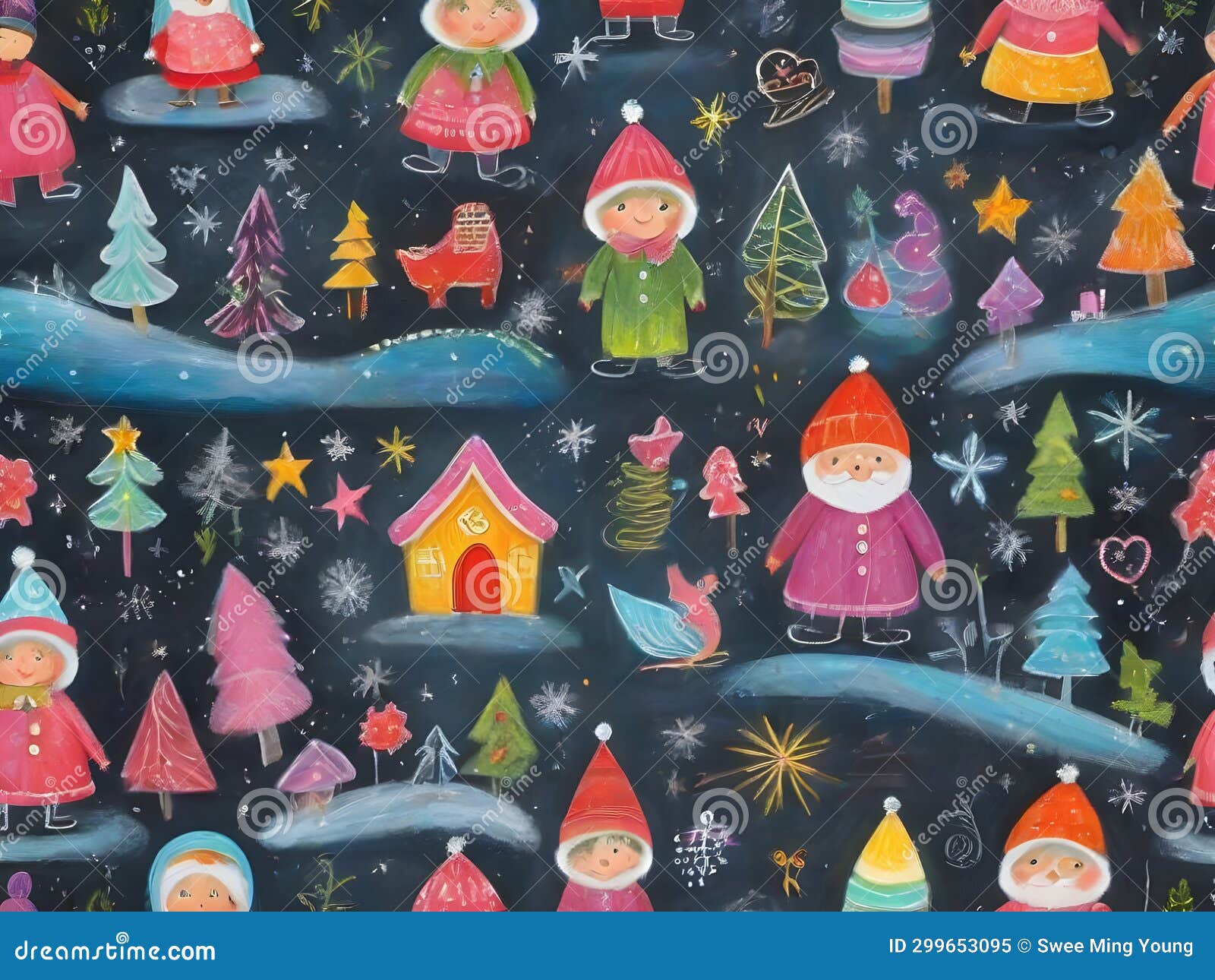 Image of the Christmas Theme Drawing with Chalk by Children in Colors ...