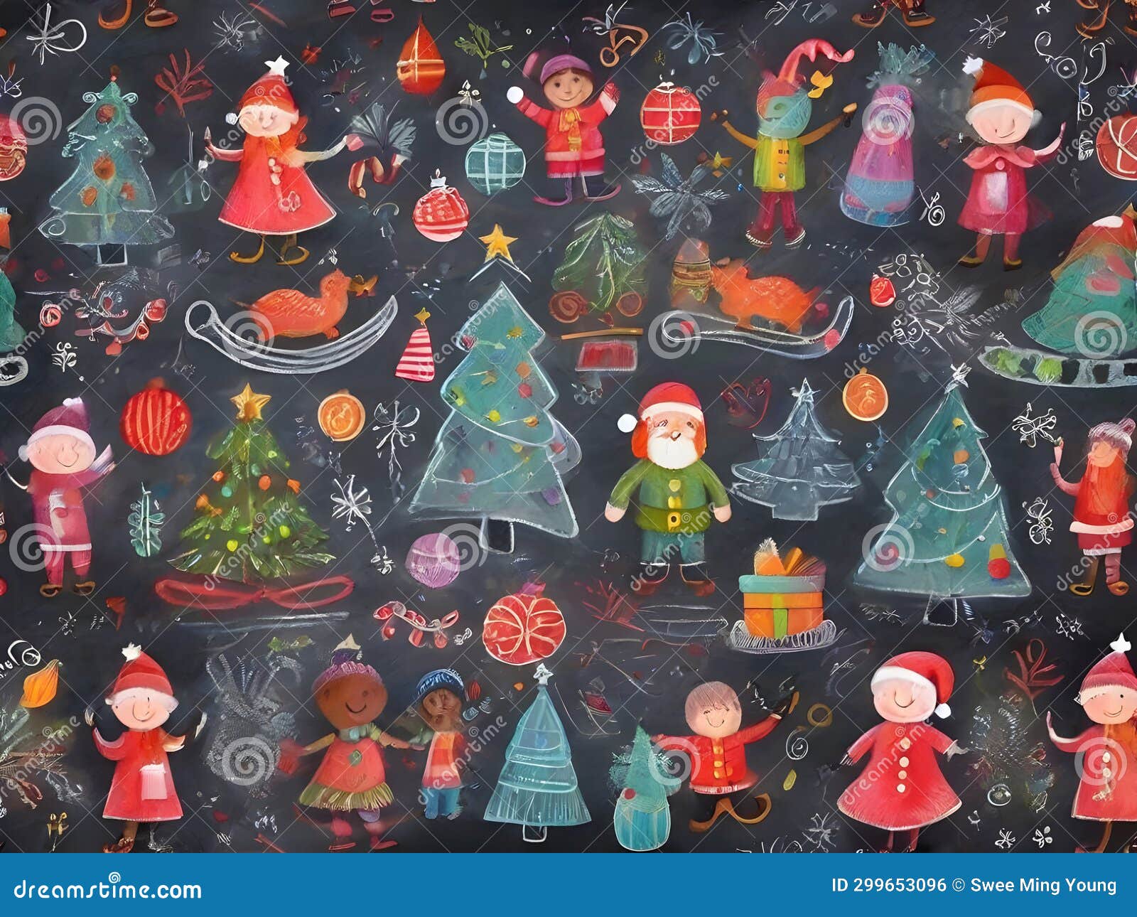 Image of the Christmas Theme Drawing with Chalk by Children in Colors ...