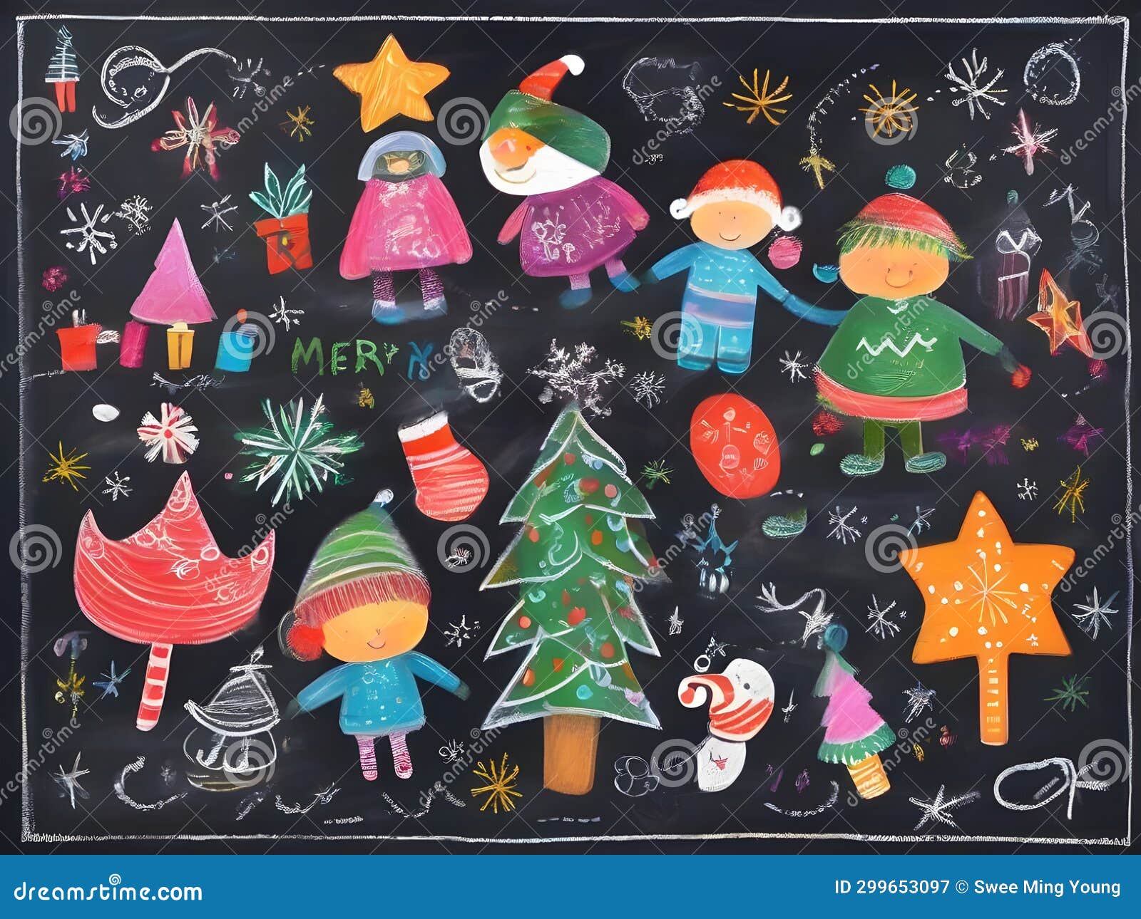 Image of the Christmas Theme Drawing with Chalk by Children in Colors ...