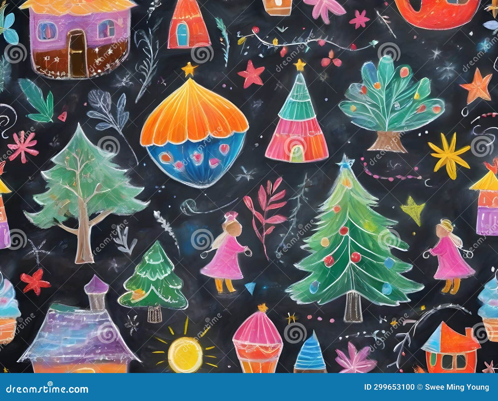 Image of the Christmas Theme Drawing with Chalk by Children in Colors ...