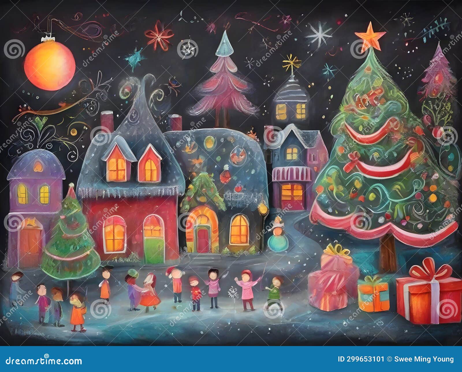 Image of the Christmas Theme Drawing with Chalk by Children in Colors ...