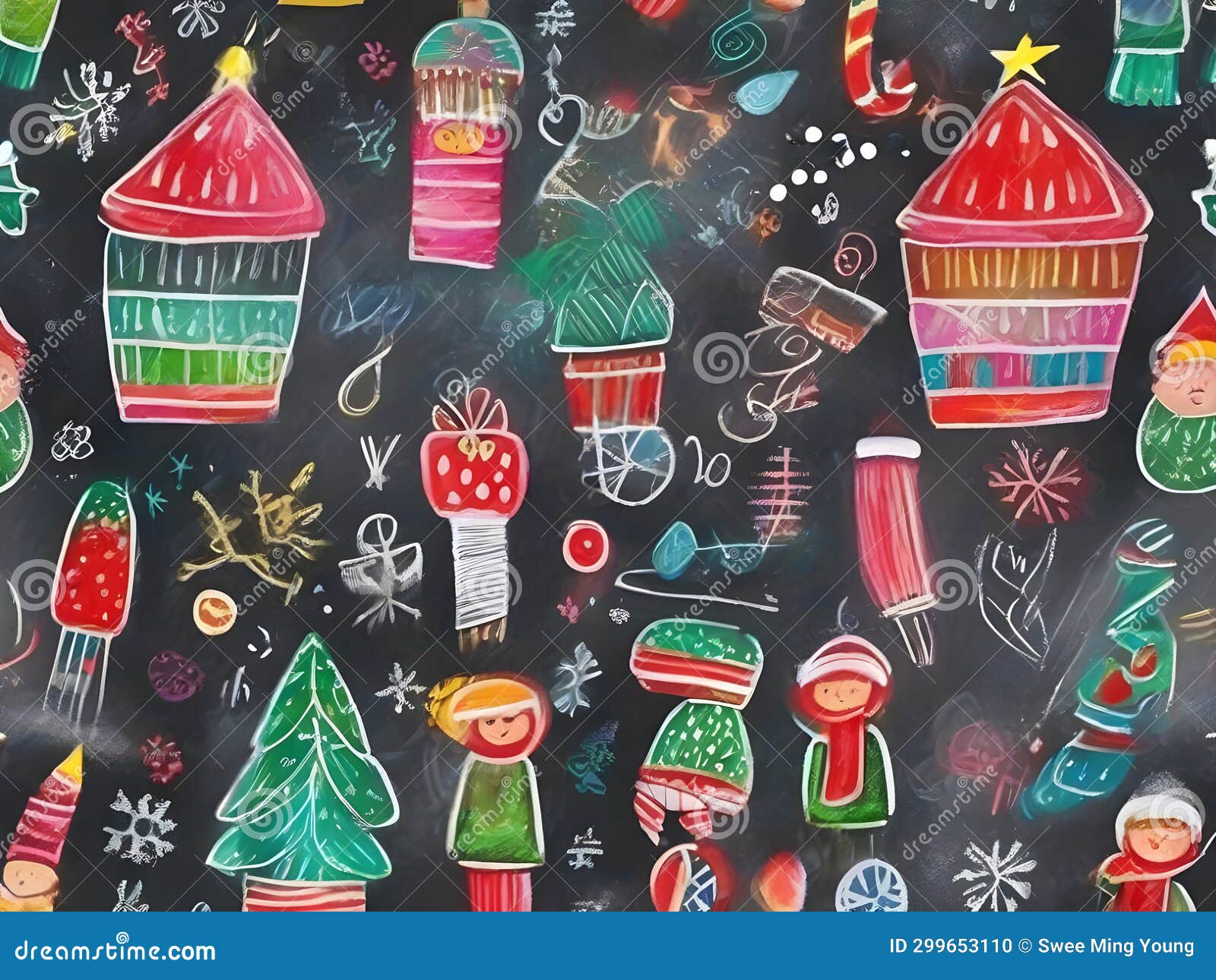 Image of the Christmas Theme Drawing with Chalk by Children in Colors ...