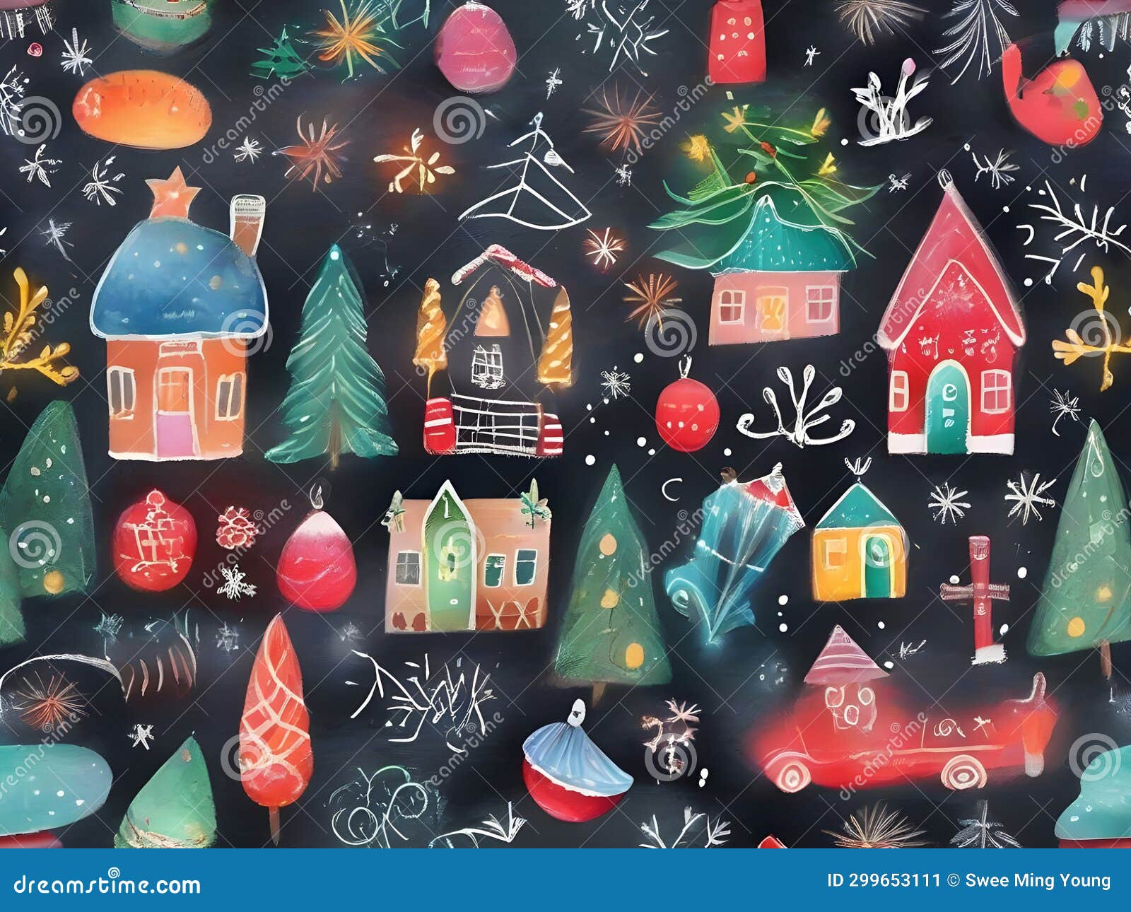 Image of the Christmas Theme Drawing with Chalk by Children in Colors ...