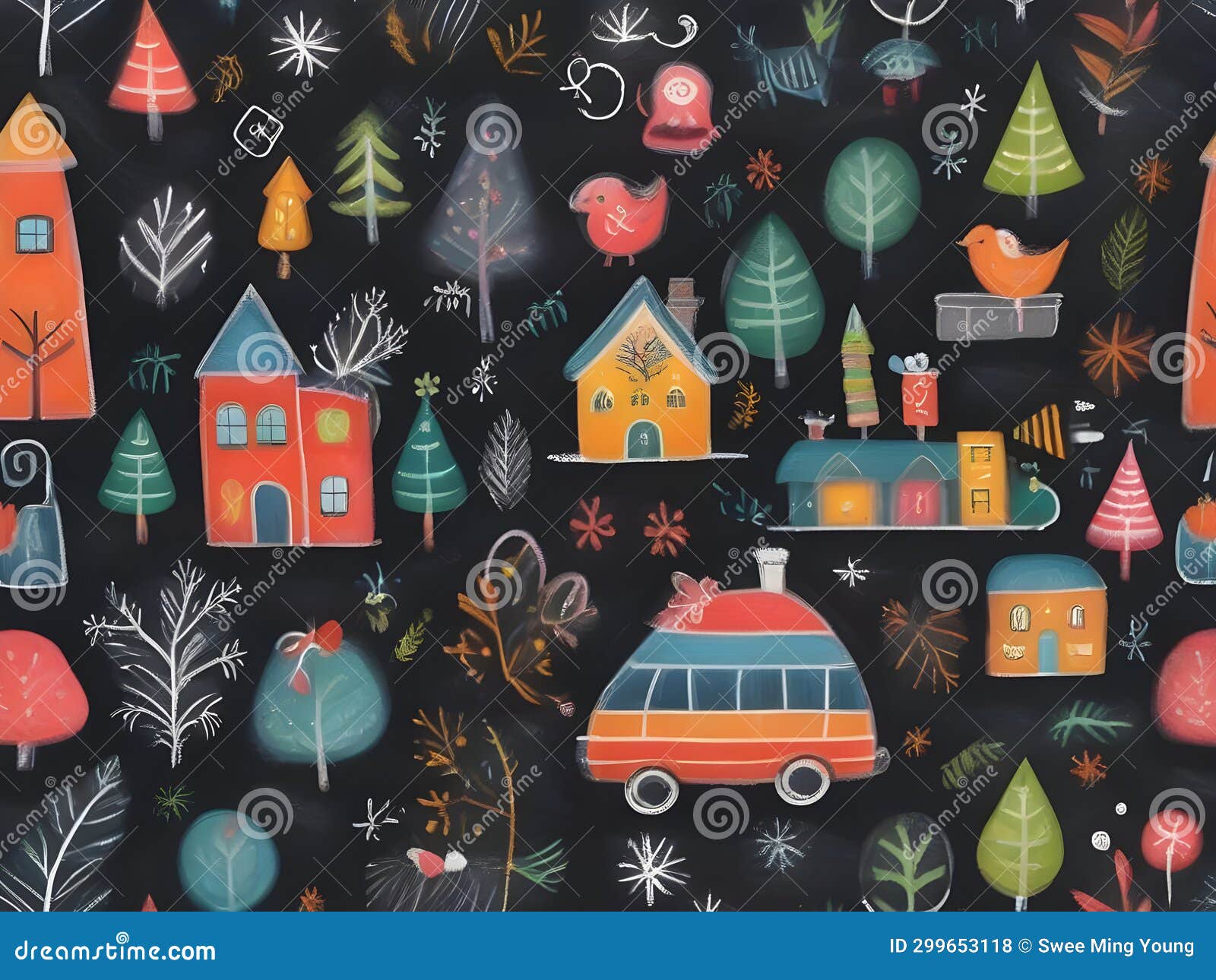 Image of the Christmas Theme Drawing with Chalk by Children in Colors ...