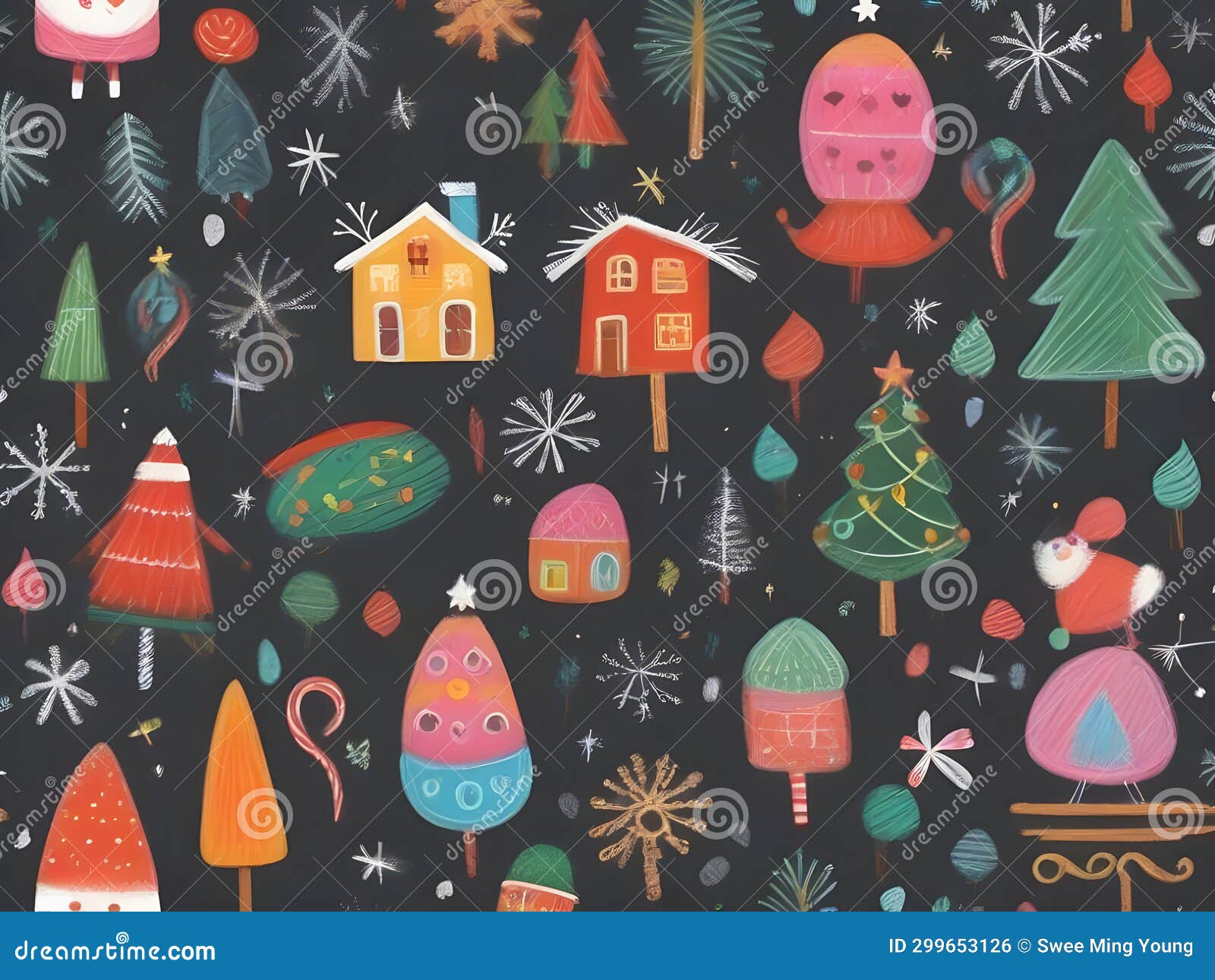 Image of the Christmas Theme Drawing with Chalk by Children in Colors ...