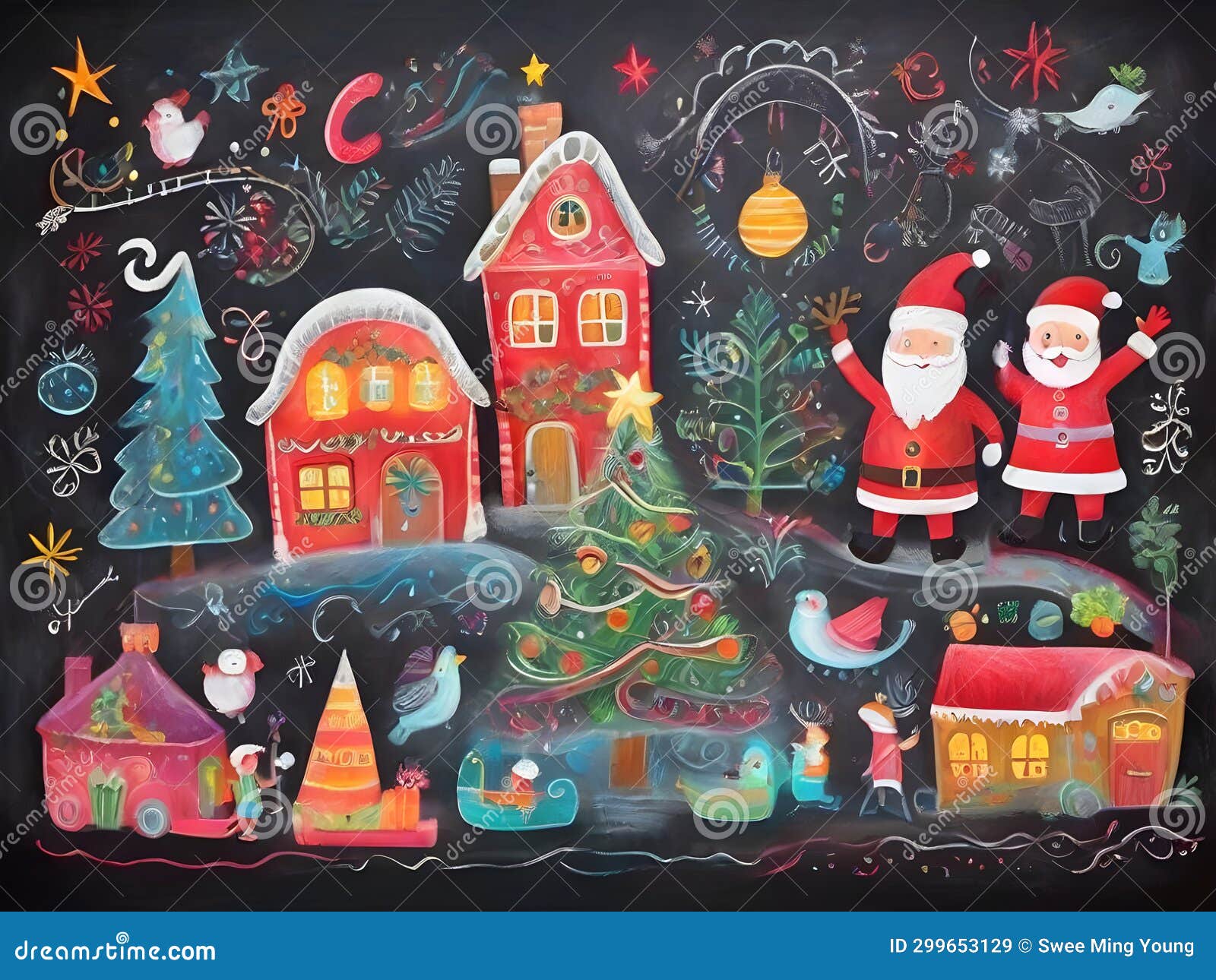 Image of the Christmas Theme Drawing with Chalk by Children in Colors ...