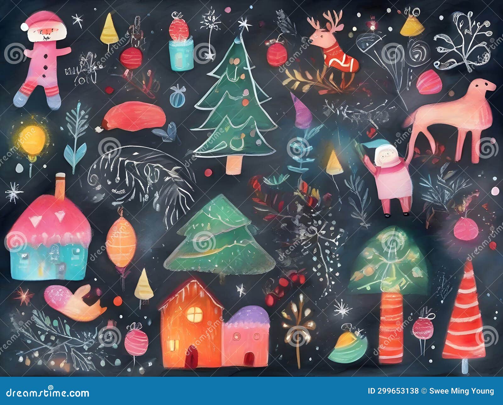 Image of the Christmas Theme Drawing with Chalk by Children in Colors ...