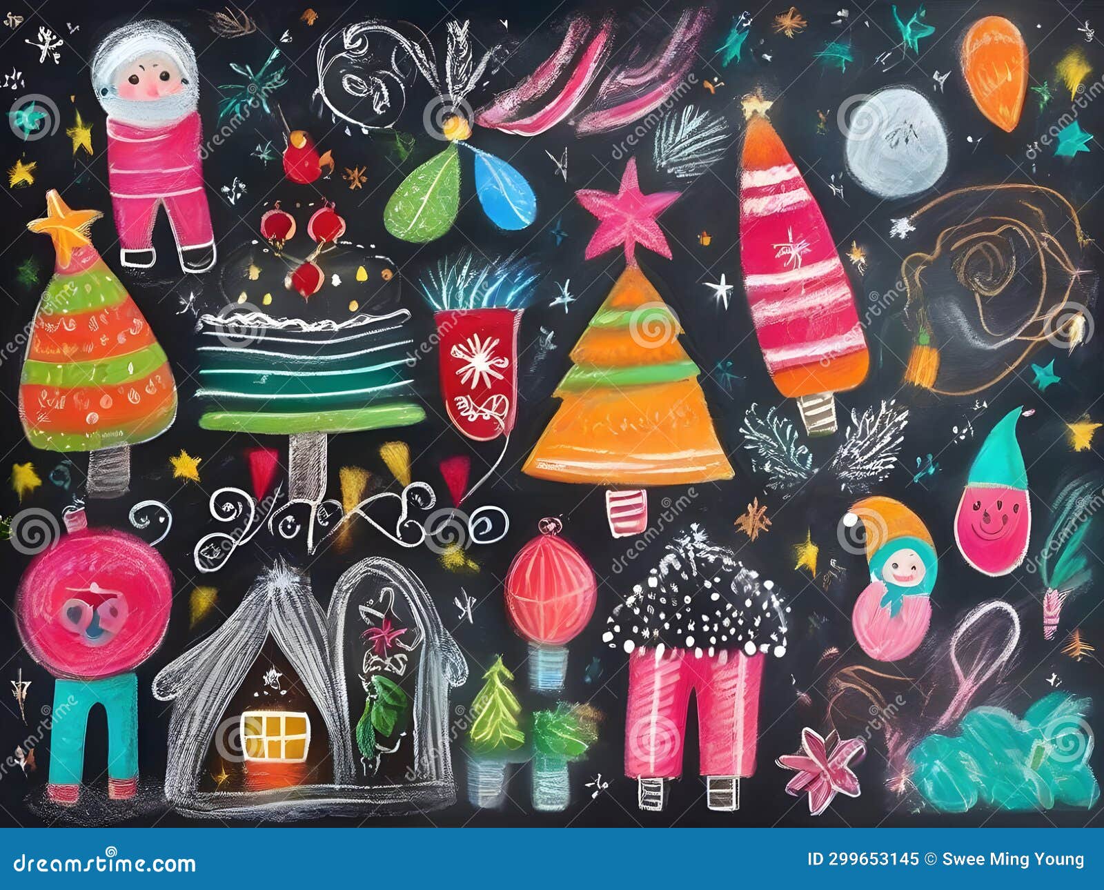 Image of the Christmas Theme Drawing with Chalk by Children in Colors ...