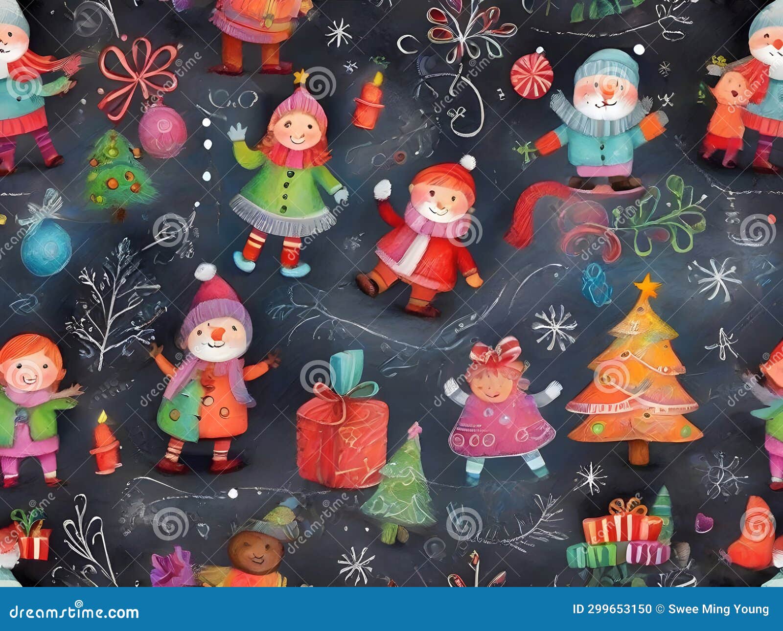 Image of the Christmas Theme Drawing with Chalk by Children in Colors ...
