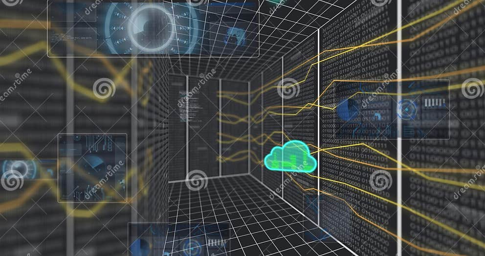 Image Of Circles Clouds Lines Moving Computer Language Binary Codes On Model Of Server Room 