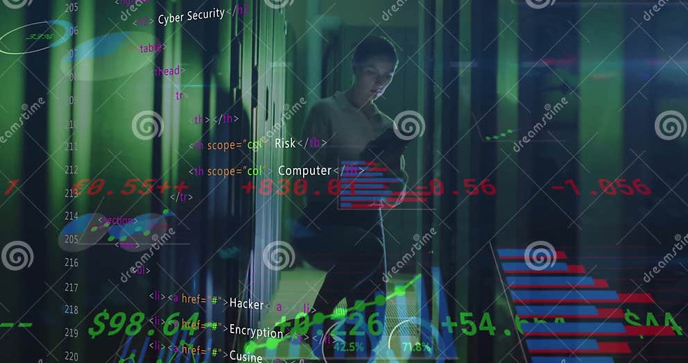 Image of Circuit Board and Data Processing Over Caucasian Female it Engineer by Computer Servers ...