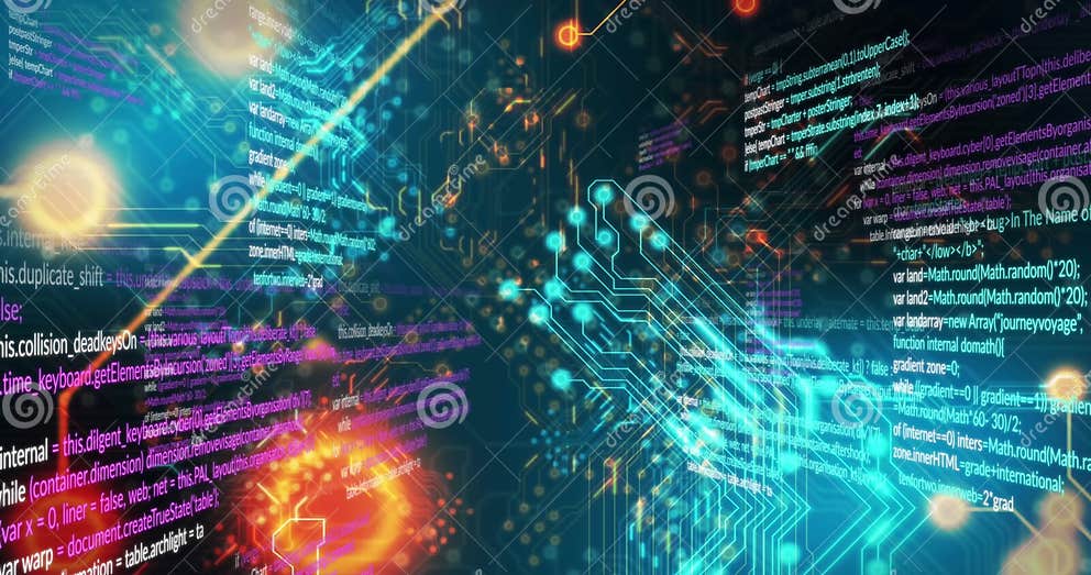 Image of Circuit Board Pattern and Computer Language Over Black ...