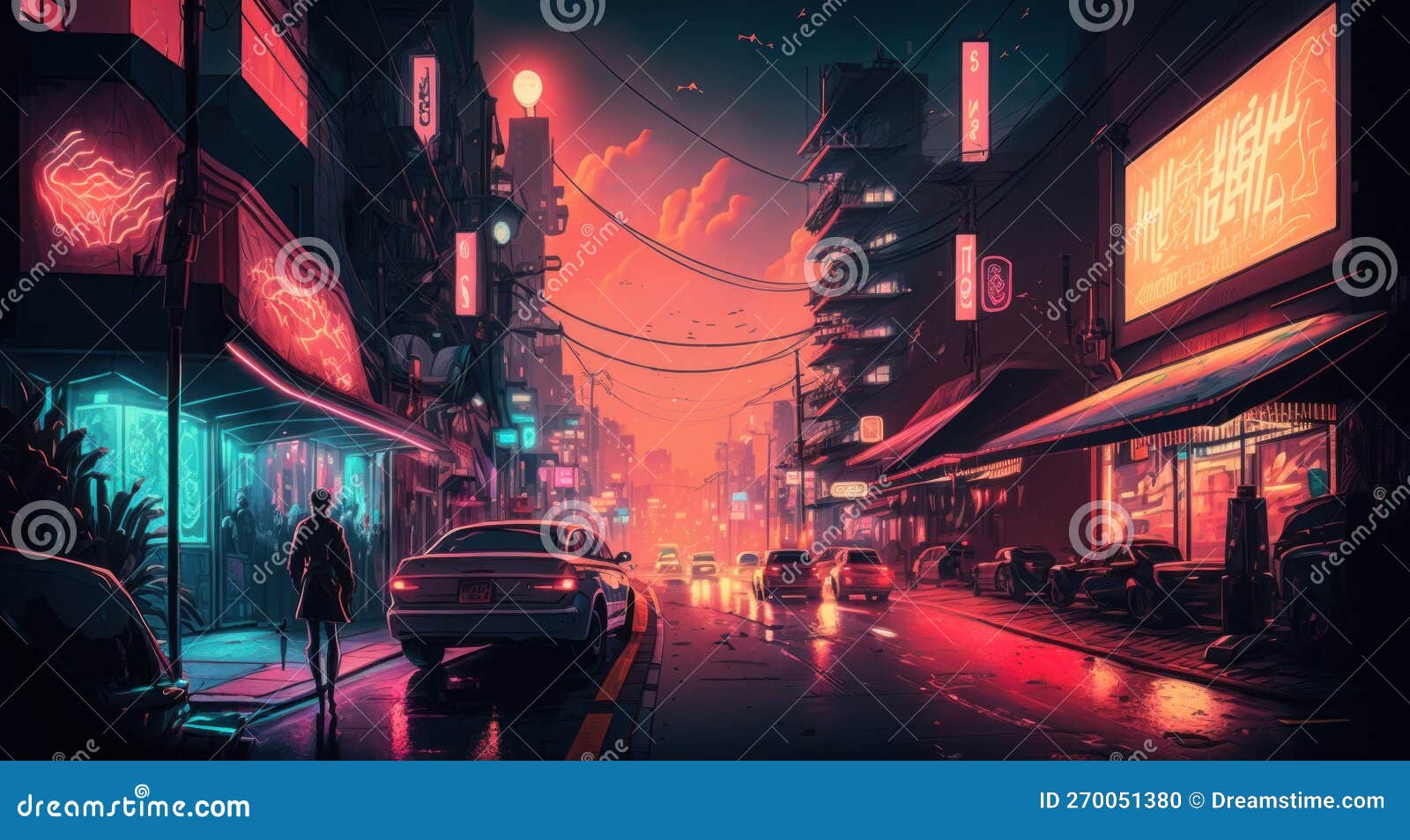 An Image of City Street at Night with Neon Lights. Generative AI Stock ...
